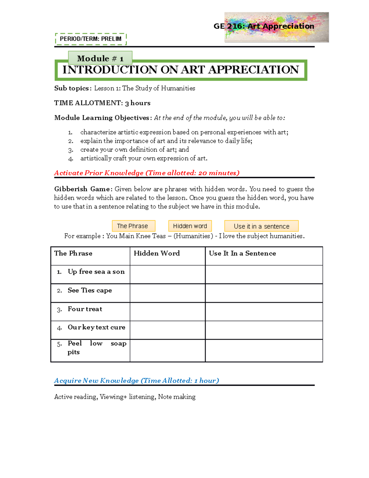 1. Art App. Prelim Module 1 Week 1 - Sub topics: Lesson 1: The Study of ...