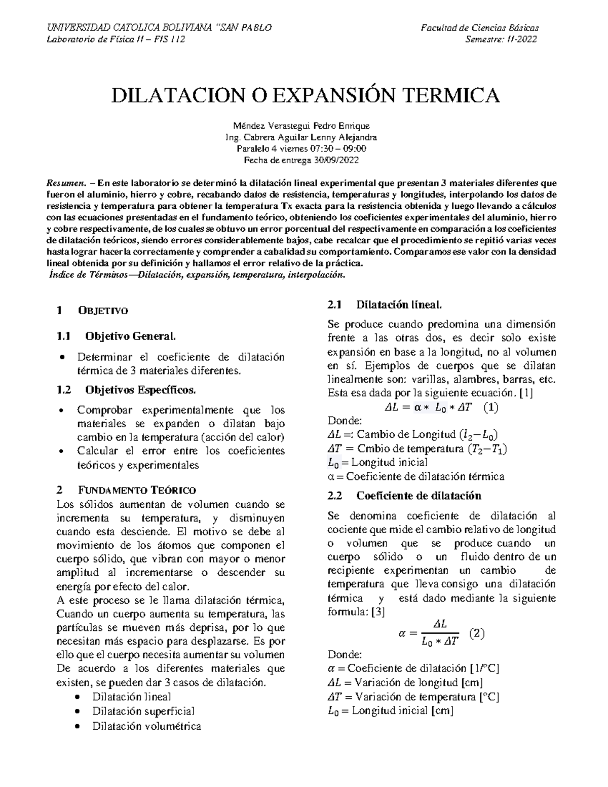 Dilatacion O Expansion Termica - Laboratorio de Física II – FIS 112 ...
