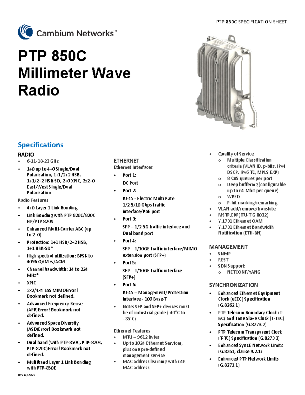 PTP 850 C Datasheet - PTP 850C Millimeter Wave Radio Specifications ...