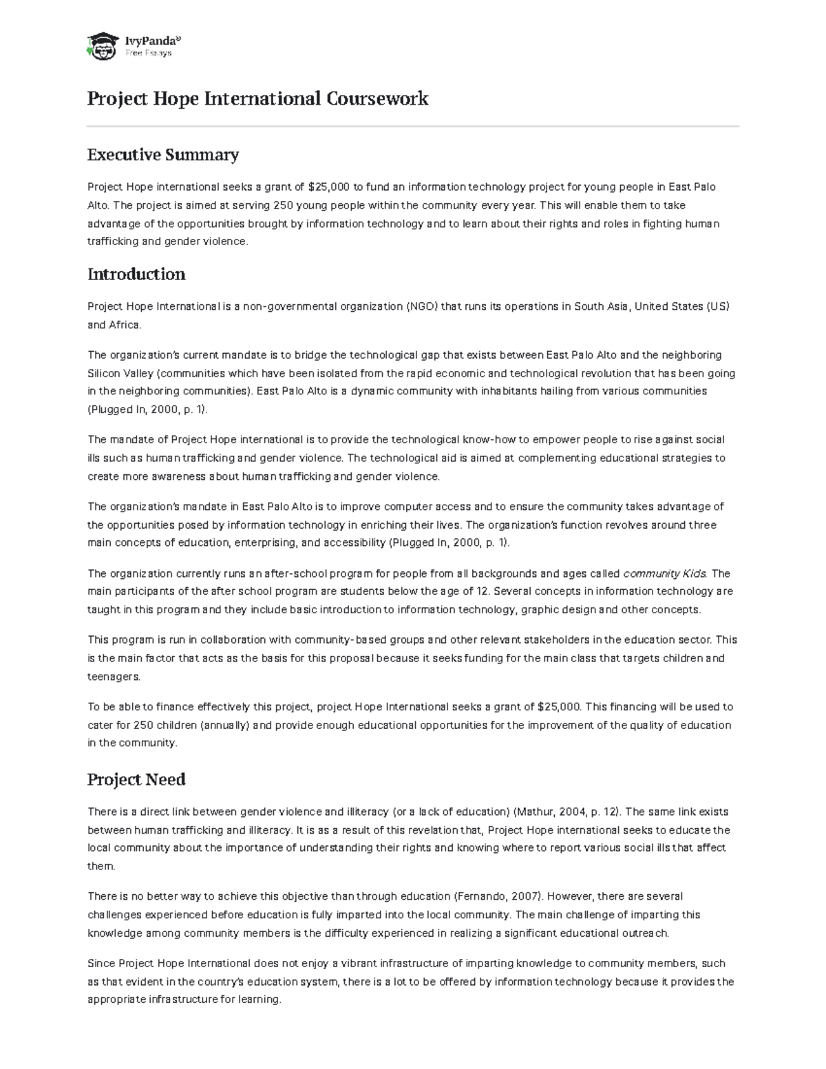 Project Hope International - 2008 Words Coursework Example - Project ...