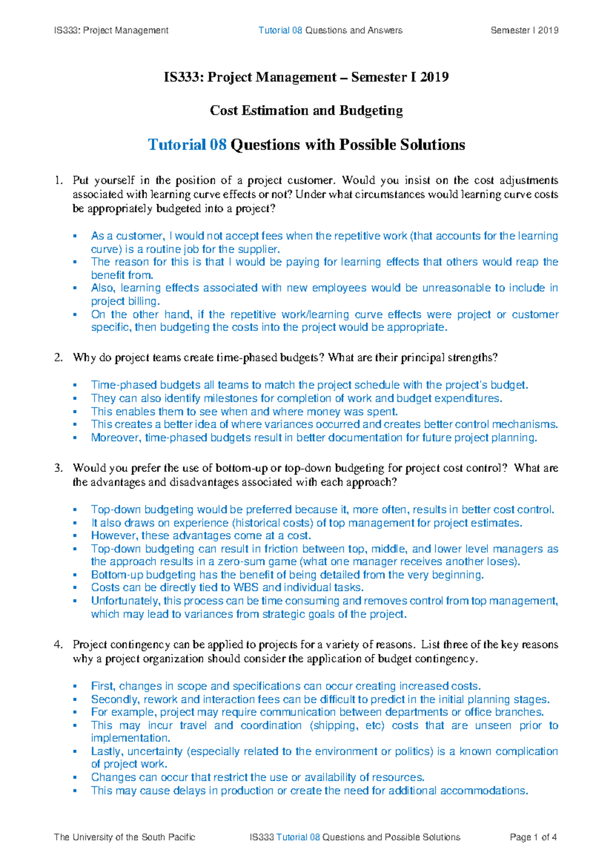 Tutorial 08 with Questions and Possible Solutions - IS333: Project Management – Semester I 2019 ...