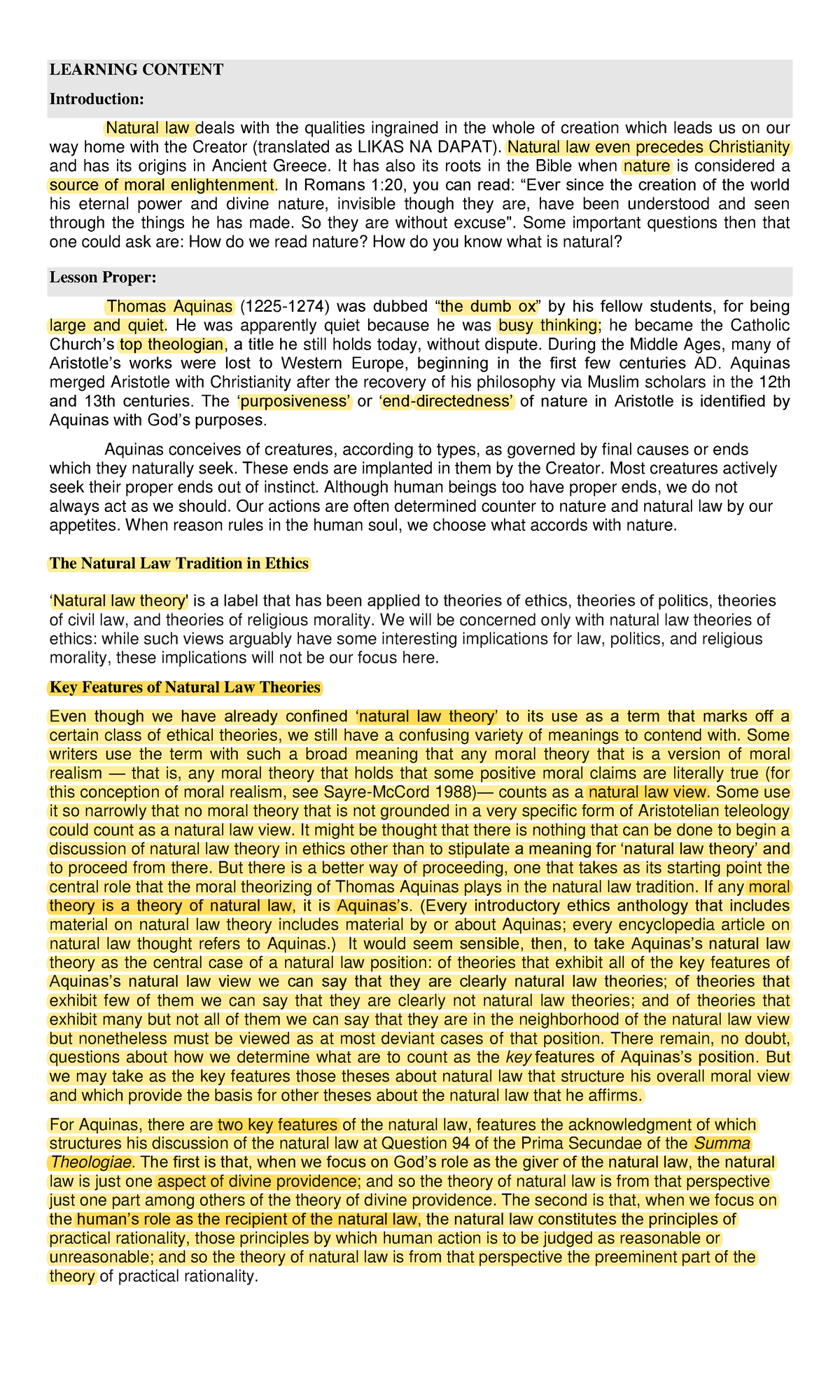 Week 8 - Module - LEARNING CONTENT Introduction: Natural law deals with the qualities ingrained ...