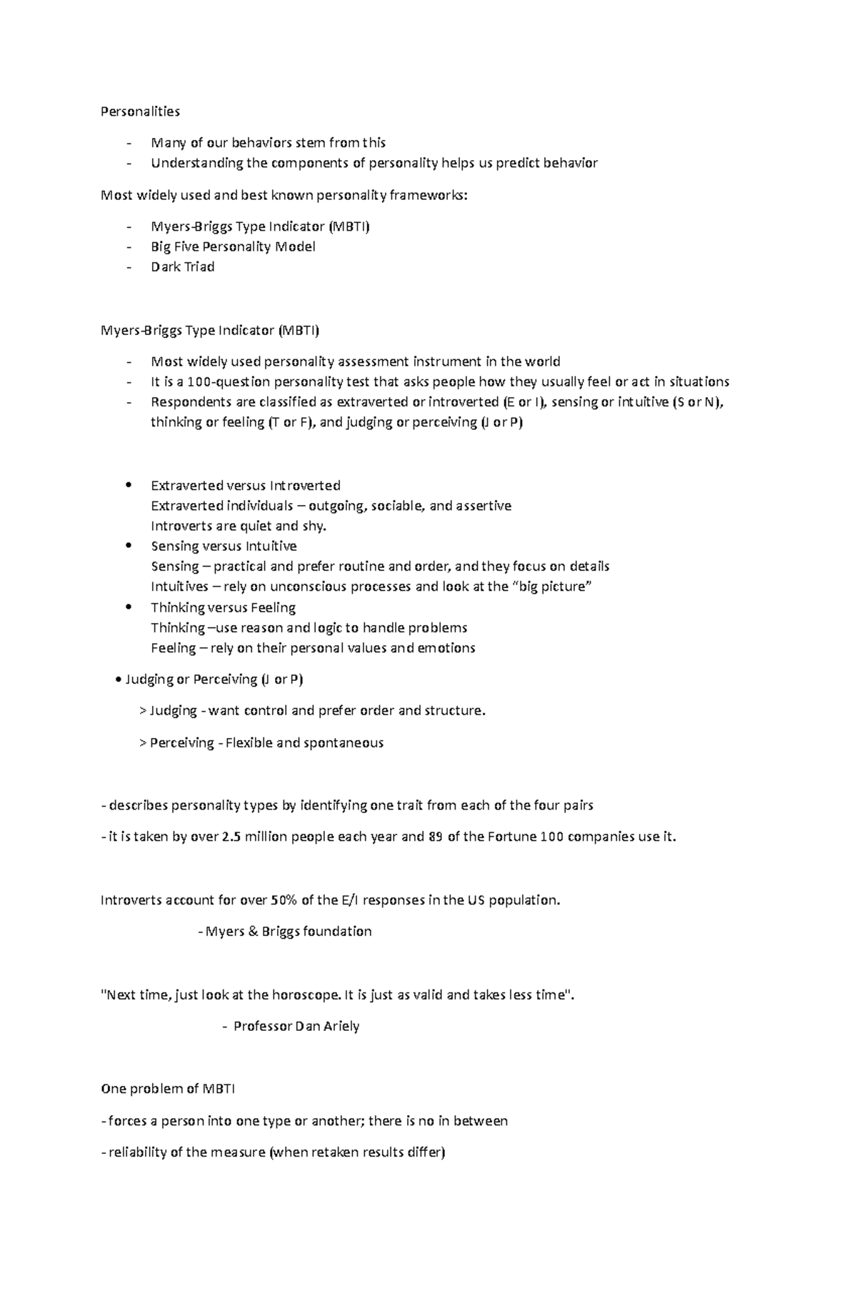 BME - notes for bme - Personalities - Many of our behaviors stem from ...