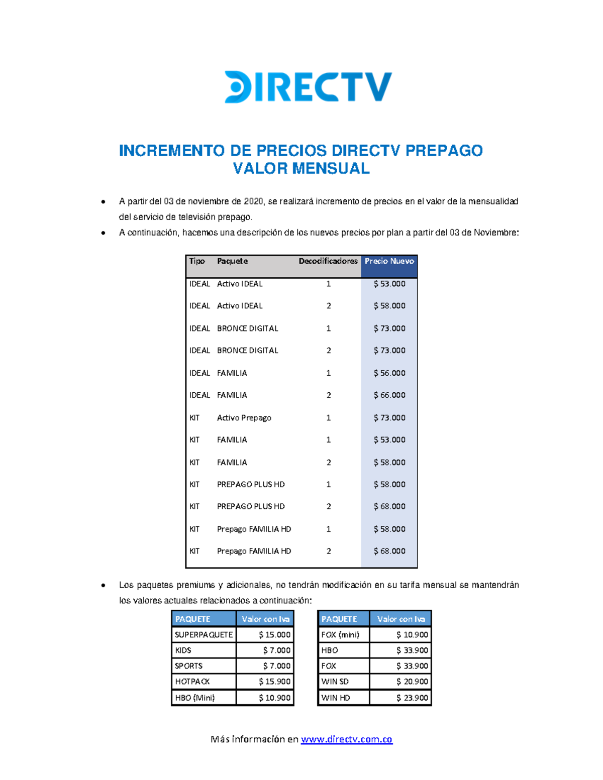 Condiciones Incremento DE Precios Colombia - Más información en directv ...