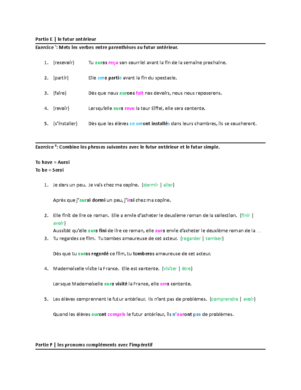 Revision For French Exam - Partie E | le futur antérieur Exercice ¹ ...