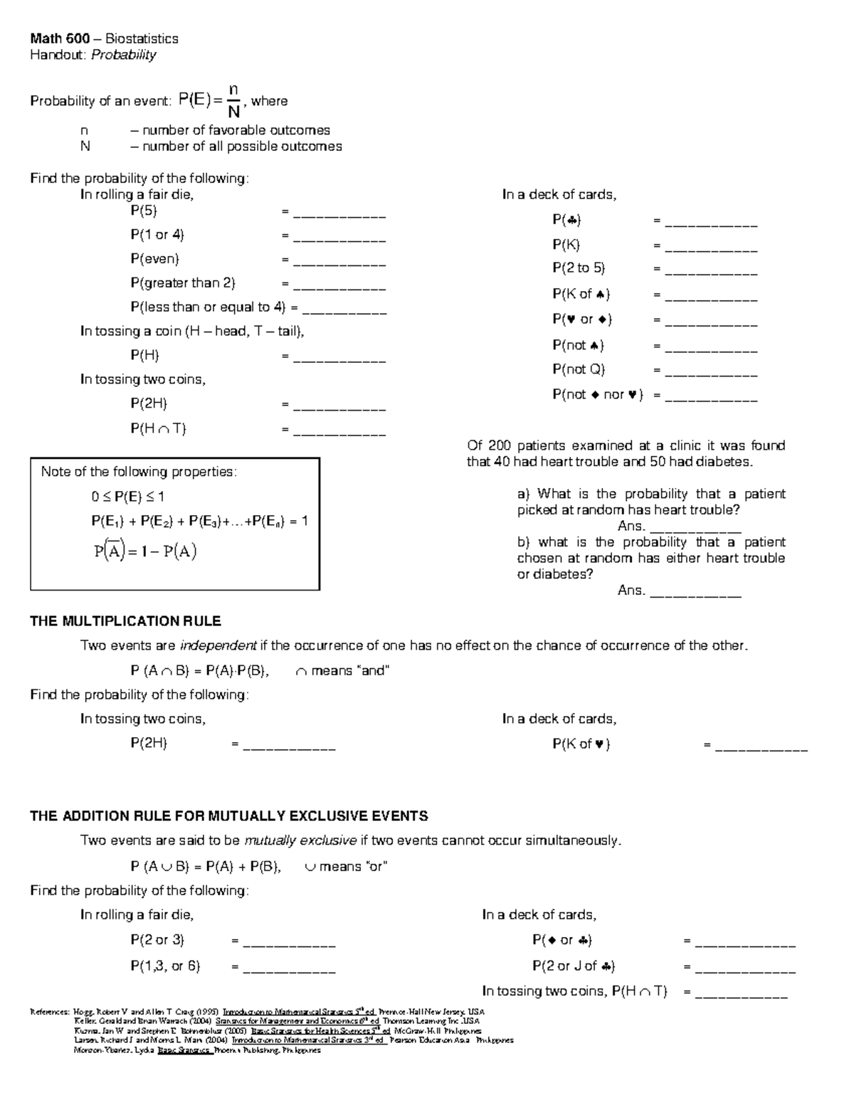 math 600 basic probability - References: Hogg, Robert V. and Allen T ...