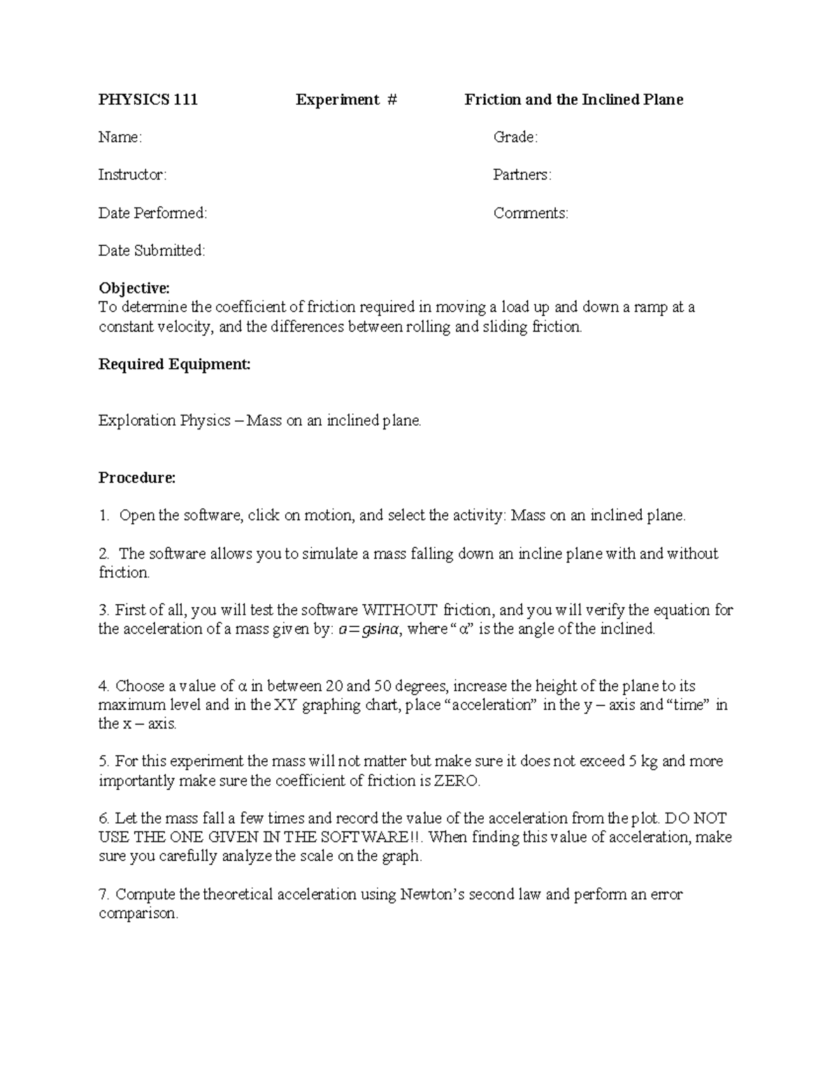 Incline Plane Lab - Remote - PHYSICS 111 Experiment # Friction and the ...