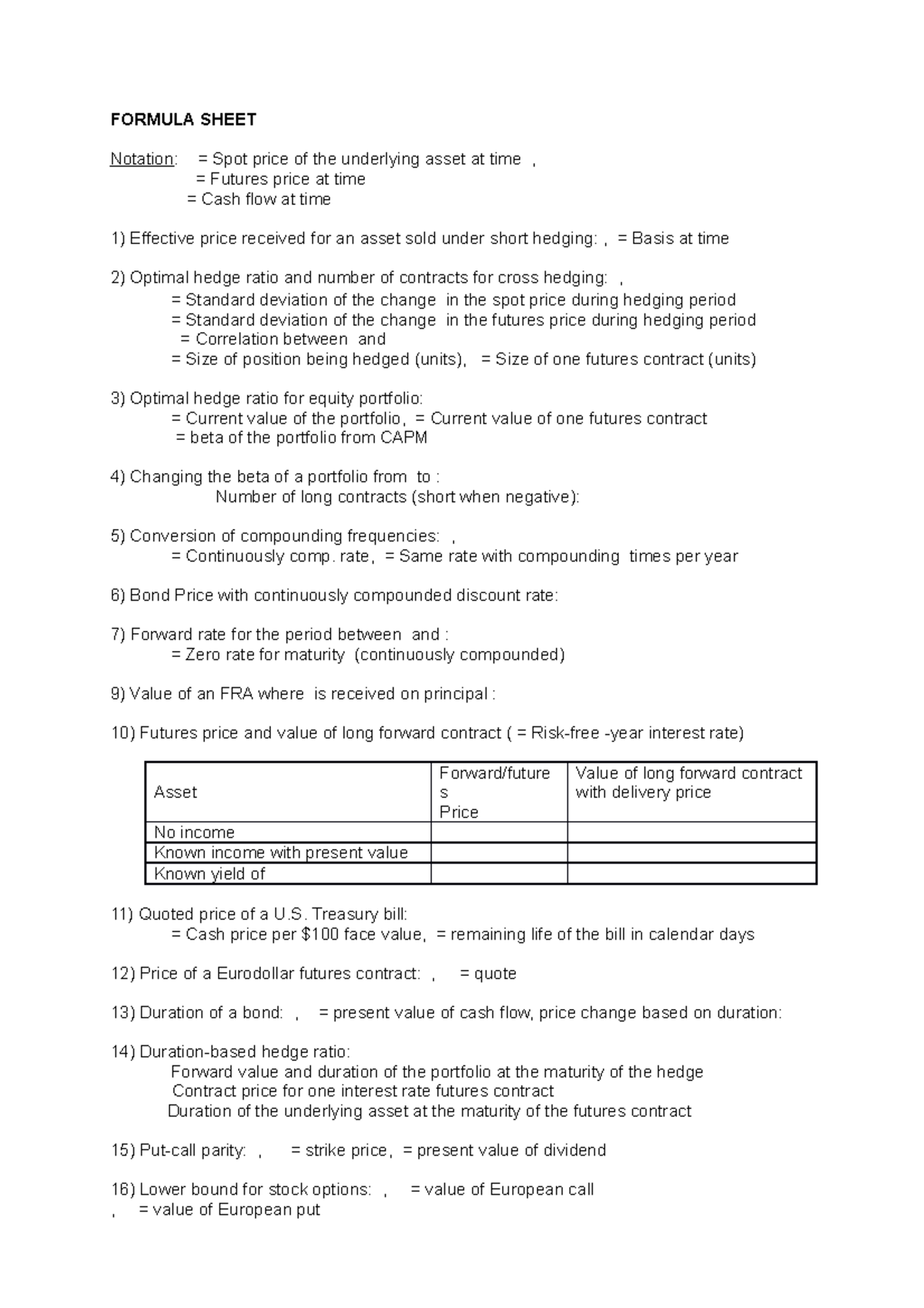 Formula Sheet of derivatives and risks - FORMULA SHEET Notation: = Spot ...