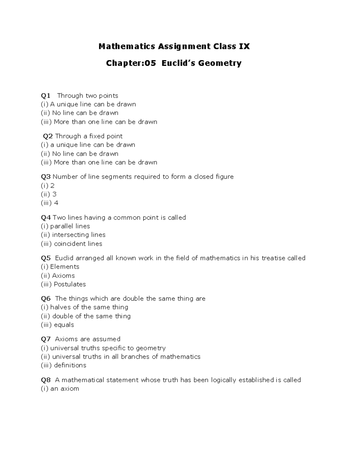 CBSE Class 9 Euclids Geometry - Mathematics Assignment Class IX Chapter ...