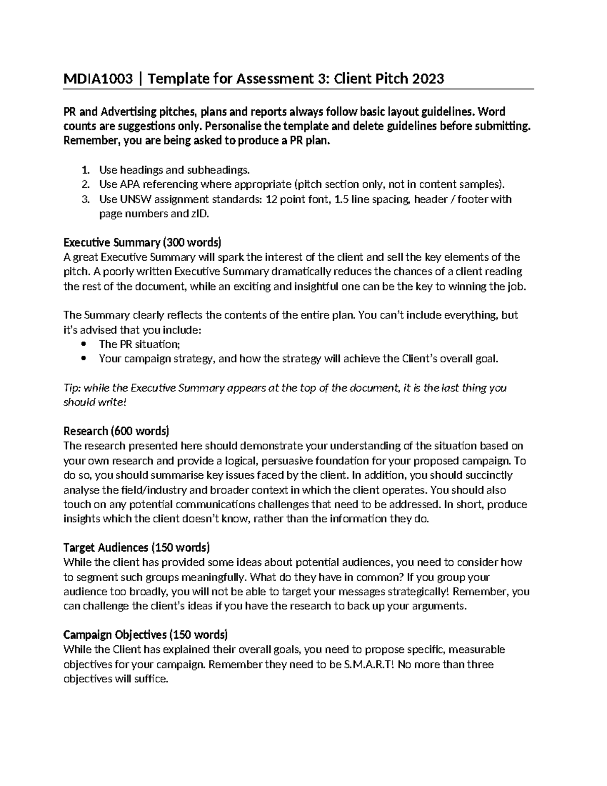 1003 A3 Pitch Template - MDIA1003 | Template for Assessment 3: Client Pitch 2023 PR and ...
