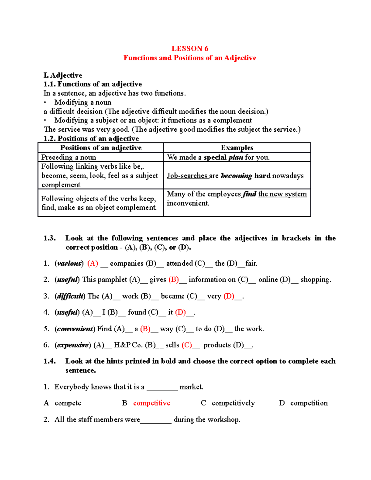 Lesson 6- KEY - ......... - LESSON 6 Functions and Positions of an Adjective I. Adjective ...