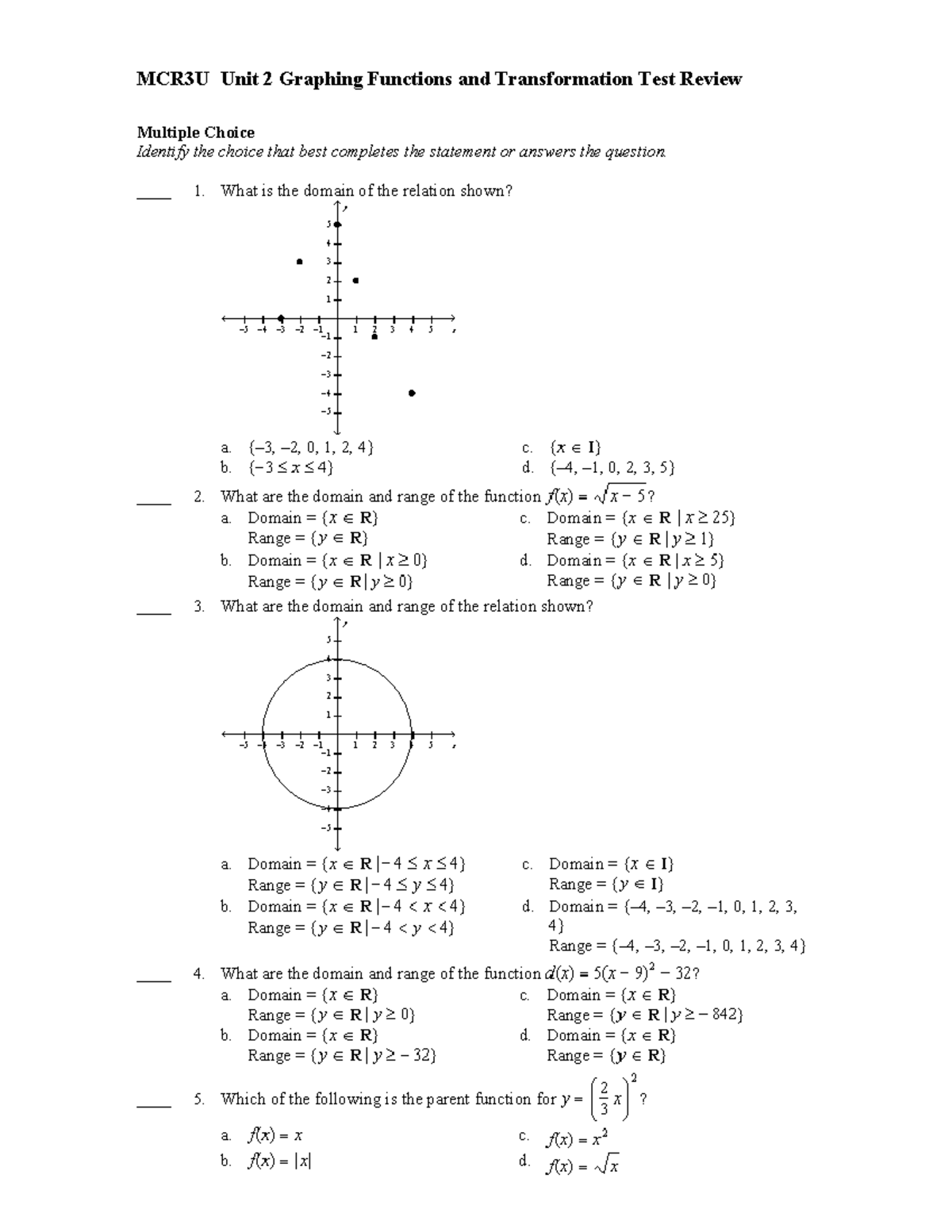 MCR3UUnit 2 Graphing Functions and Transformation Test Rev - ____ 1 ...