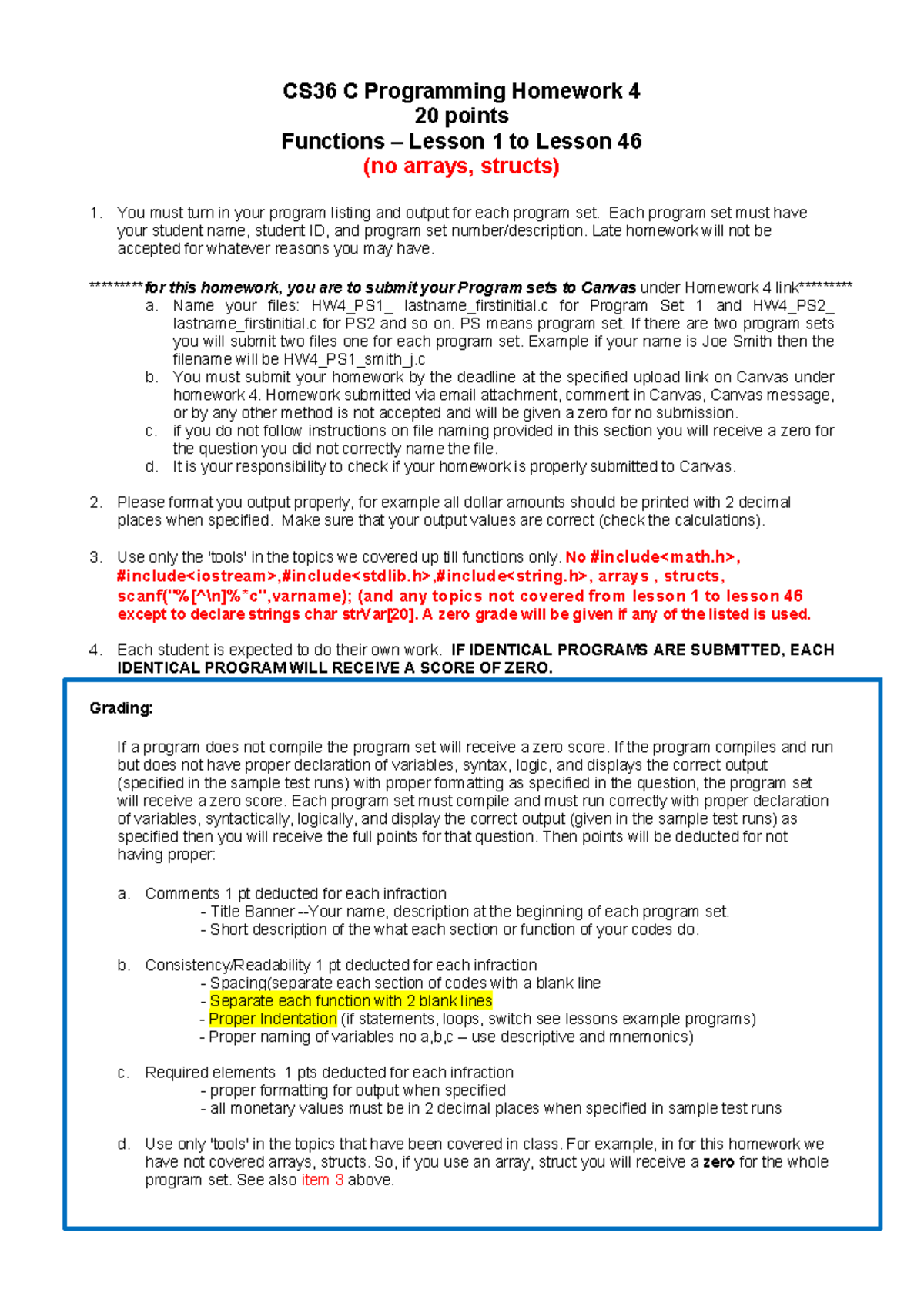 CS36HW4 - Homework #4 - CS36 C Programming Homework 4 20 points Functions – Lesson 1 to Lesson ...