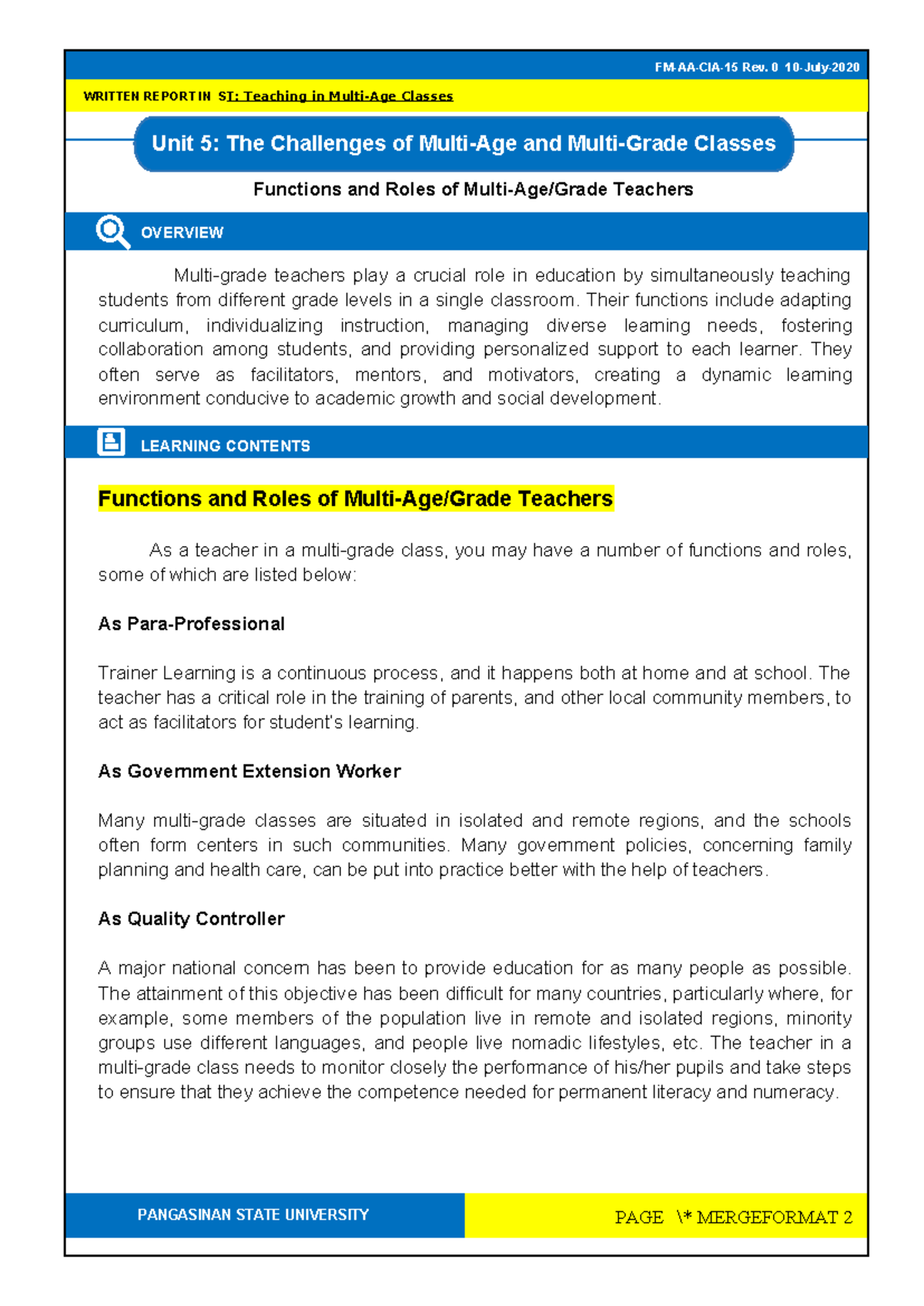 Functions and Roles of Multi-grade Teachers Garcia - FM-AA-CIA-15 Rev ...