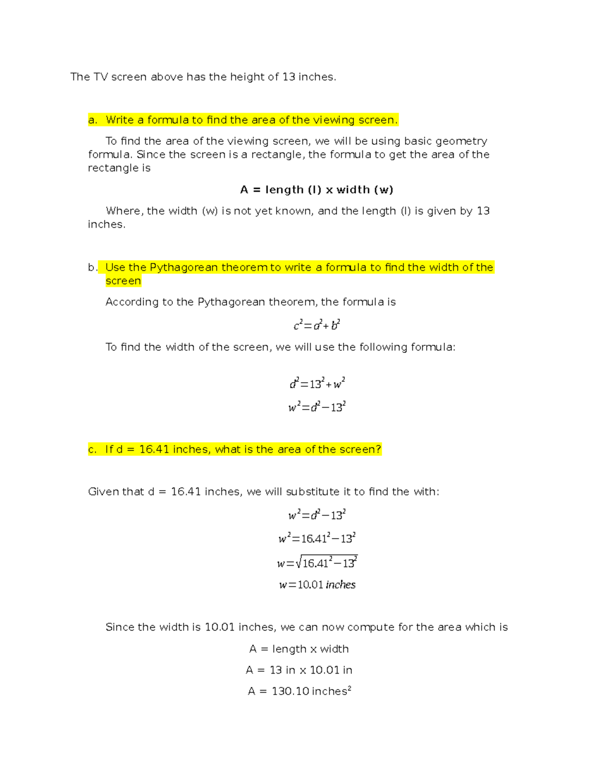 The TV screen above has the height of 13 inches - a. Write a formula to ...