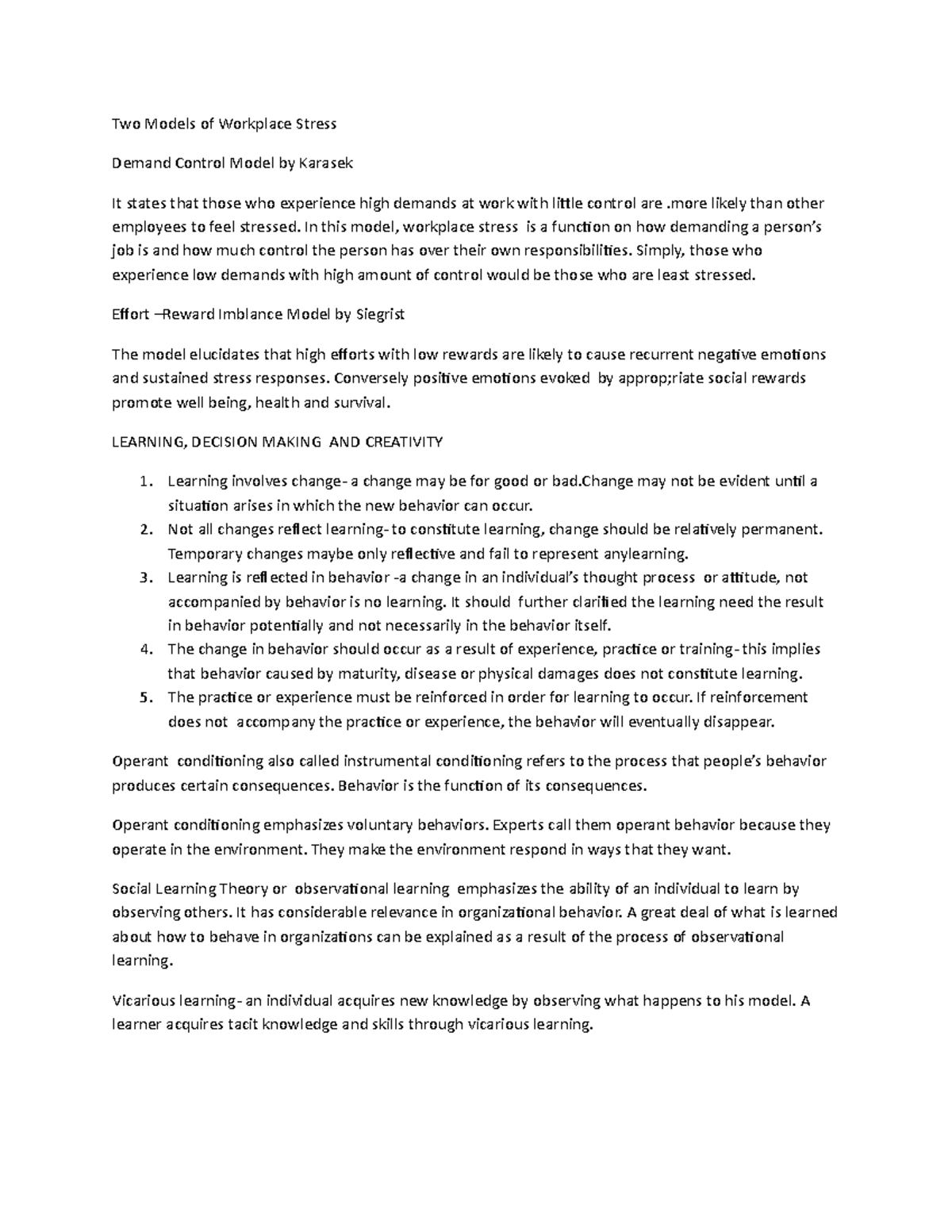 Two Models of Workplace Stress - Two Models of Workplace Stress Demand ...