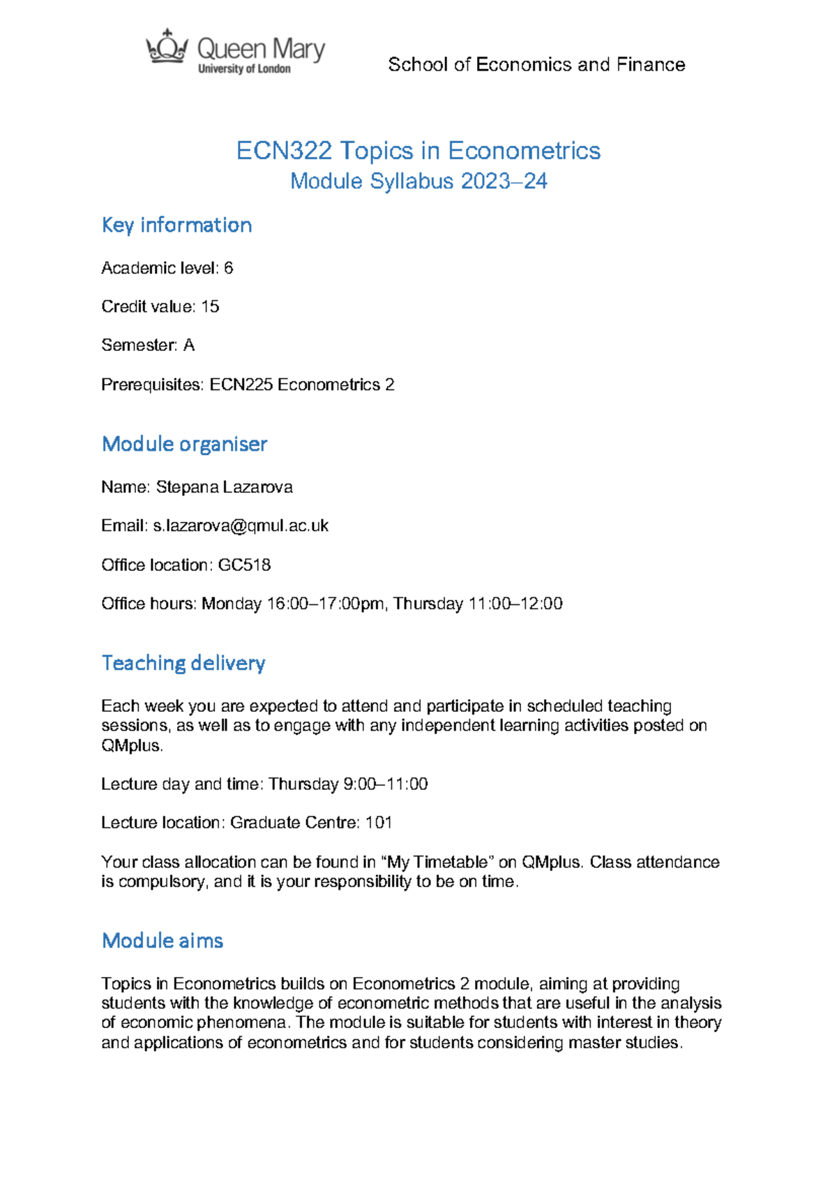 ECN322 Syllabus - School of Economics and Finance ECN322 Topics in ...