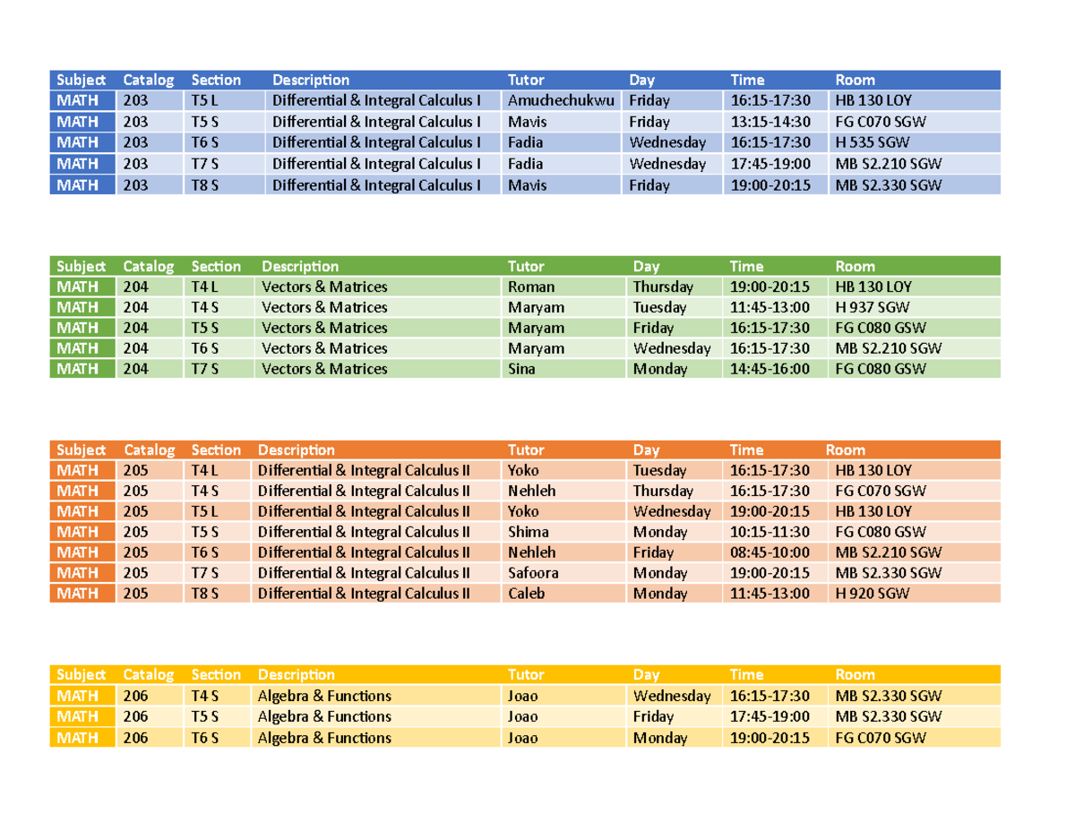 MATH Tutorial Classes table - Subject Catalog Section Description Tutor ...