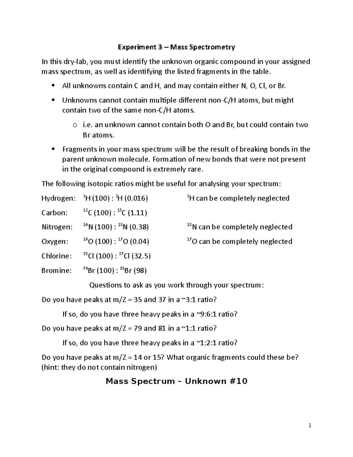 Mass Spectra - Unknown 10 - Experiment 3 – Mass Spectrometry In this ...