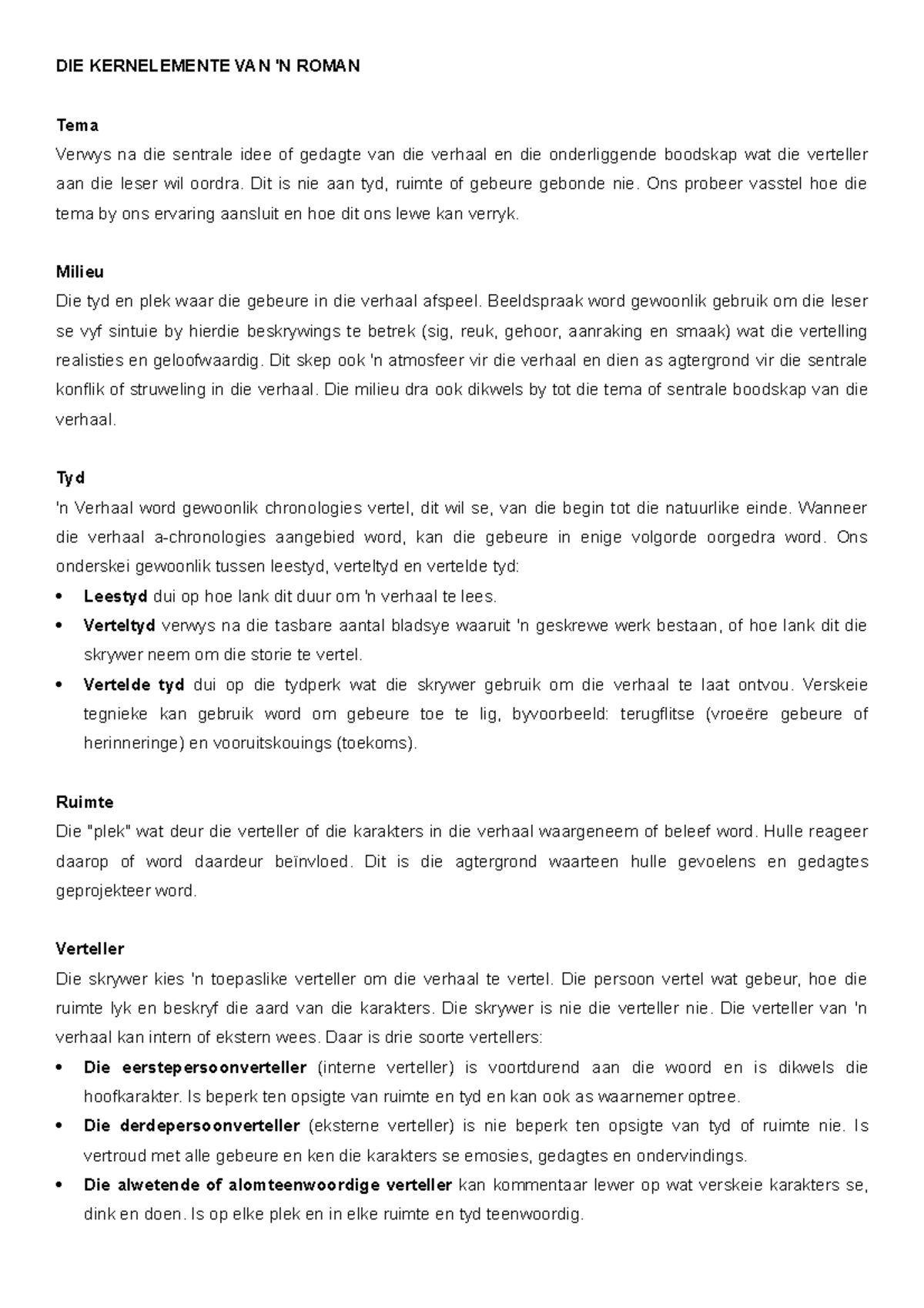 DIE Kernelemente - DIE KERNELEMENTE VAN 'N ROMAN Tema Verwys na die ...