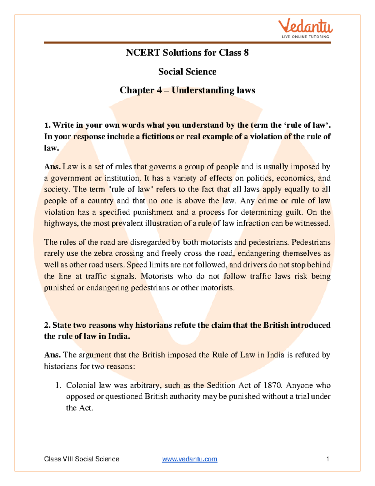Understanding laws - Class VIII Social Science vedantu 1 NCERT ...