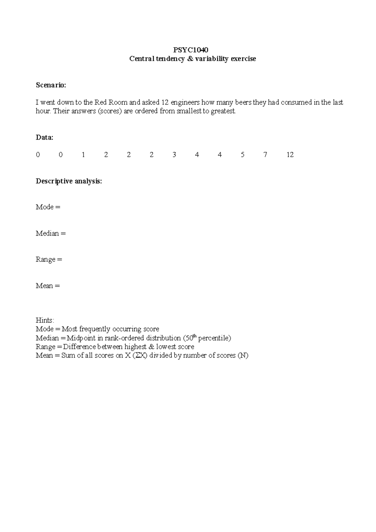 Tutorial 4 Exercise(1) - PSYC Central tendency & variability exercise ...