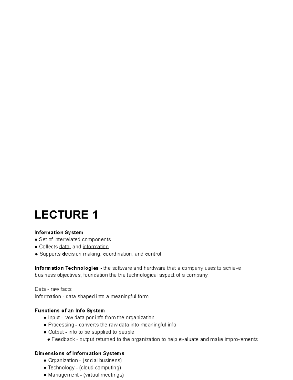 Itm 100 notes for midterm - LECTURE 1 Information System Set of ...