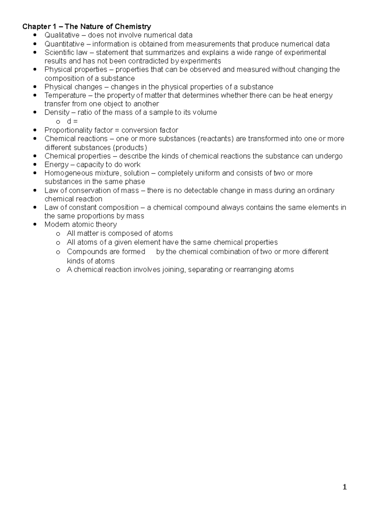 Chemistry Summary Notes - Chapter 1 – The Nature of Chemistry ...