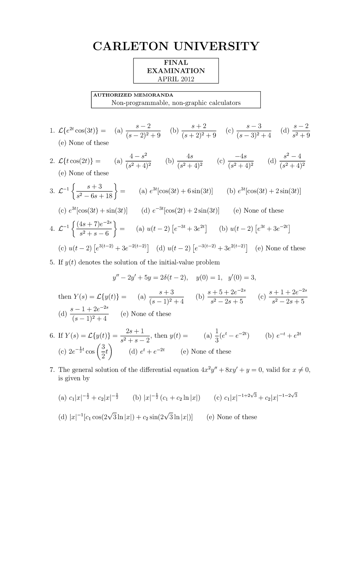 Final exam Math 2001 - CARLETON UNIVERSITY FINAL EXAMINATION APRIL 2012 ...
