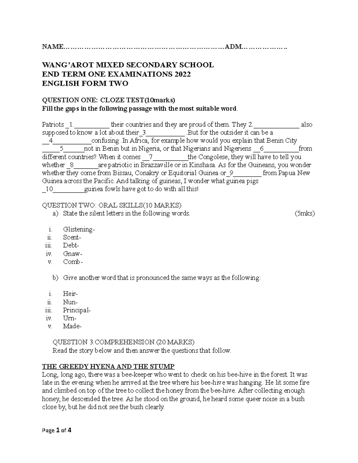 English FORM 2 TERM 1 Opener 2022 QN - - Studocu