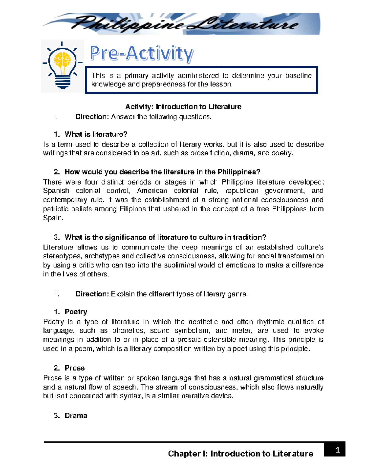 Chapter 1 - Preactivity - Introduction TO Literature - aCTIVITY IN ...