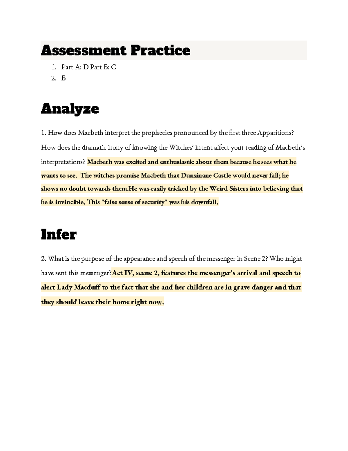 Part 2 - ..... - Assessment Practice 1. Part A: D Part B: C 2. B ...