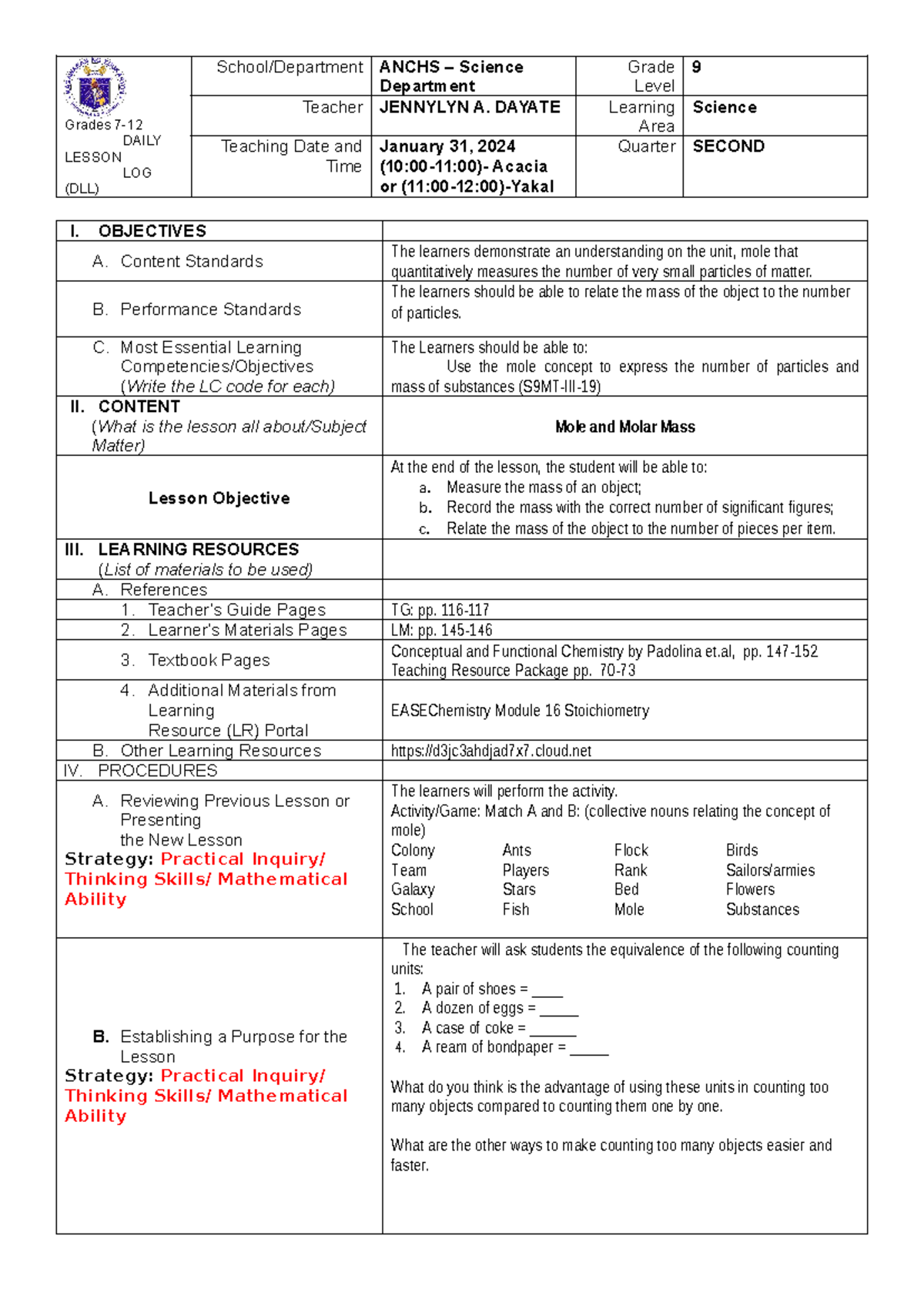 Q2-G9-Science-DLL-CO2 - Copy - Grades 7- DAILY LESSON LOG (DLL) School ...