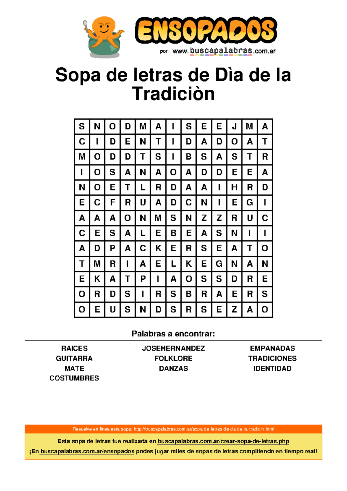 Sopa de letras de da de la tradicin - Sopa de letras de Dìa de la ...