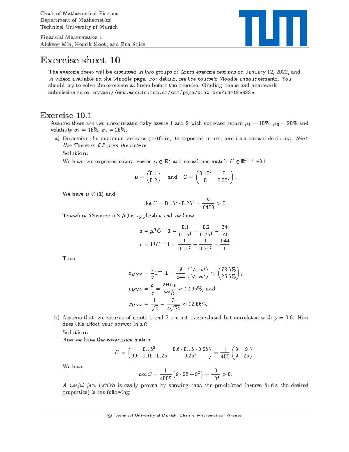 Fi Ma1 Exercise Sheet 10 Solution - Chair of Mathematical Finance ...