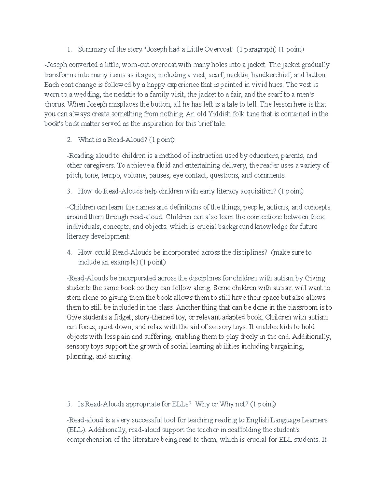 Assignment Read-Aloud Analysis - Summary of the story "Joseph had a ...