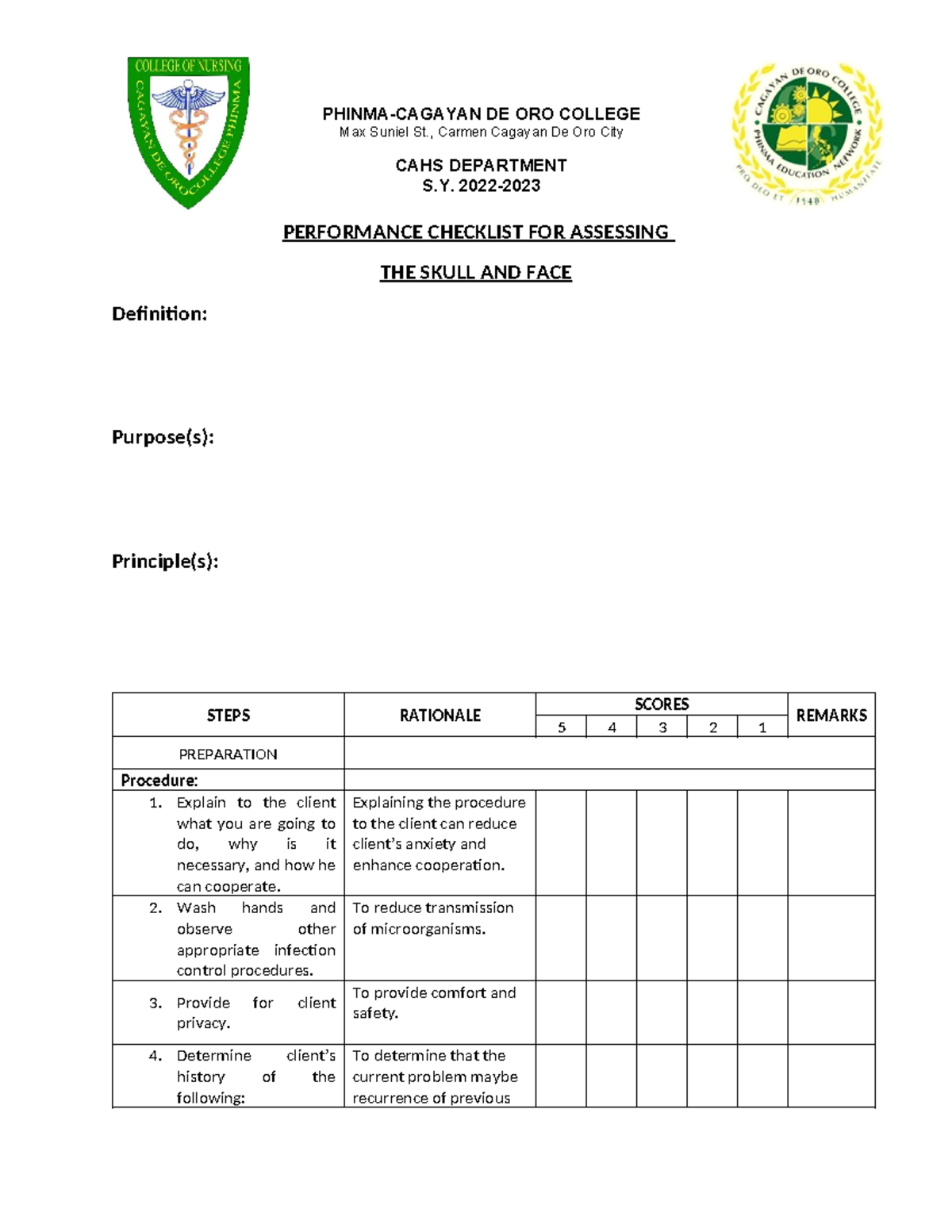 Assessing THE Skull AND FACE Checklist - PHINMA-CAGAYAN DE ORO COLLEGE ...