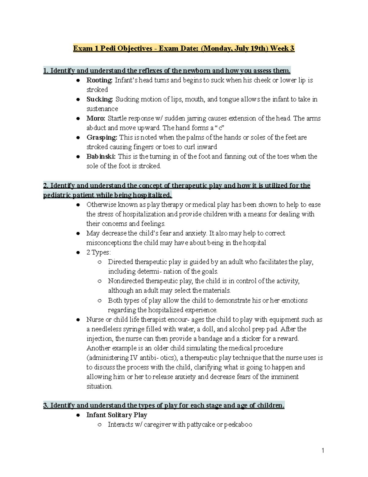 Pediatric Objectives Exam 1 (1)-1 - Exam 1 Pedi Objectives - Exam Date ...