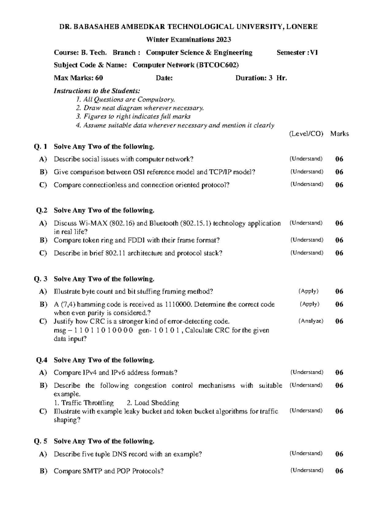 Computer Network question paper - DR. BABASAHEB AMBEDKAR TECHNOLOGICAL ...