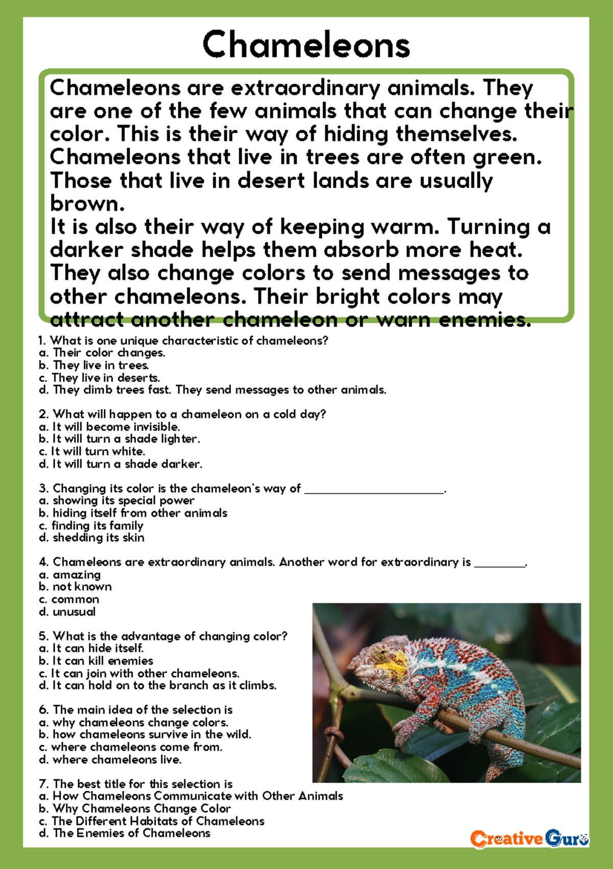 PHIL-IRI Grade 6 - 1. What is one unique characteristic of chameleons ...