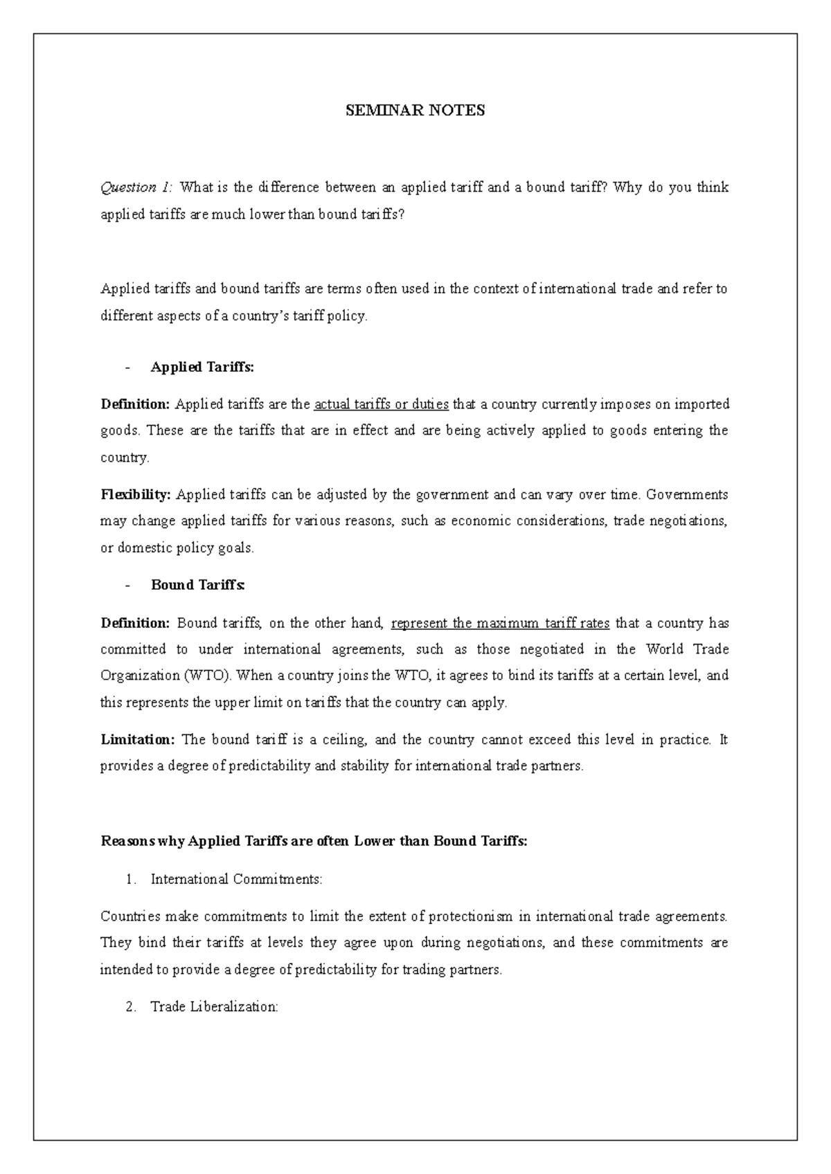 Seminar Notes - WTO - SEMINAR NOTES Question 1: What is the difference ...