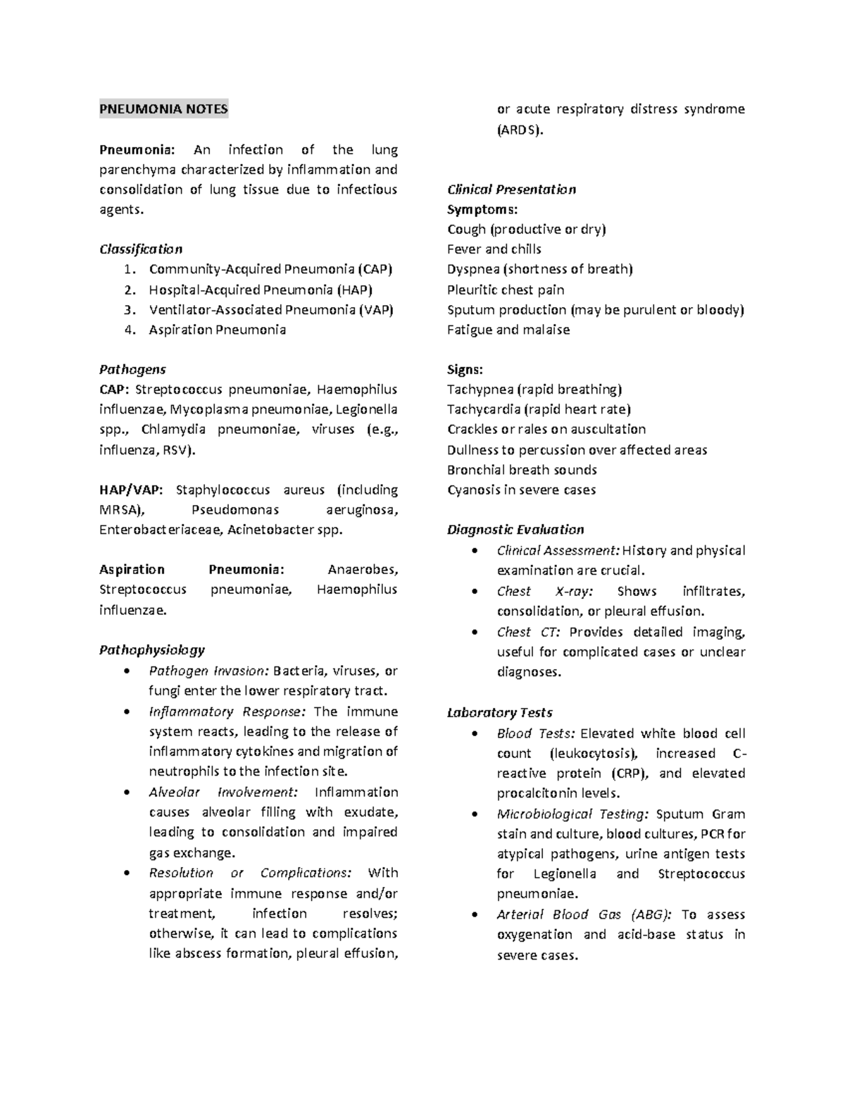 P2 Disorders Notes - PNEUMONIA NOTES Pneumonia: An infection of the ...