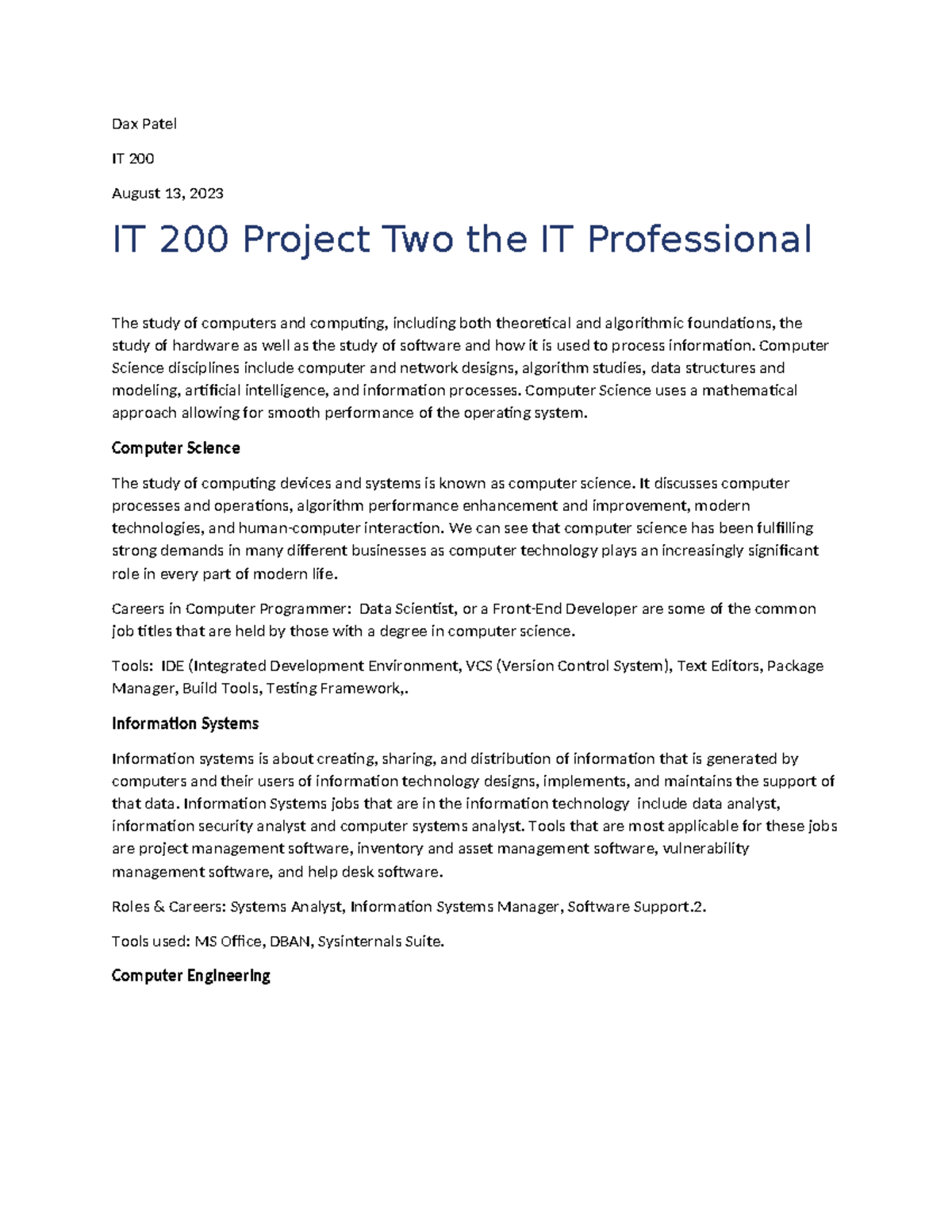 Projec IT Fields - Dax Patel IT 200 August 13, 2023 IT 200 Project Two ...