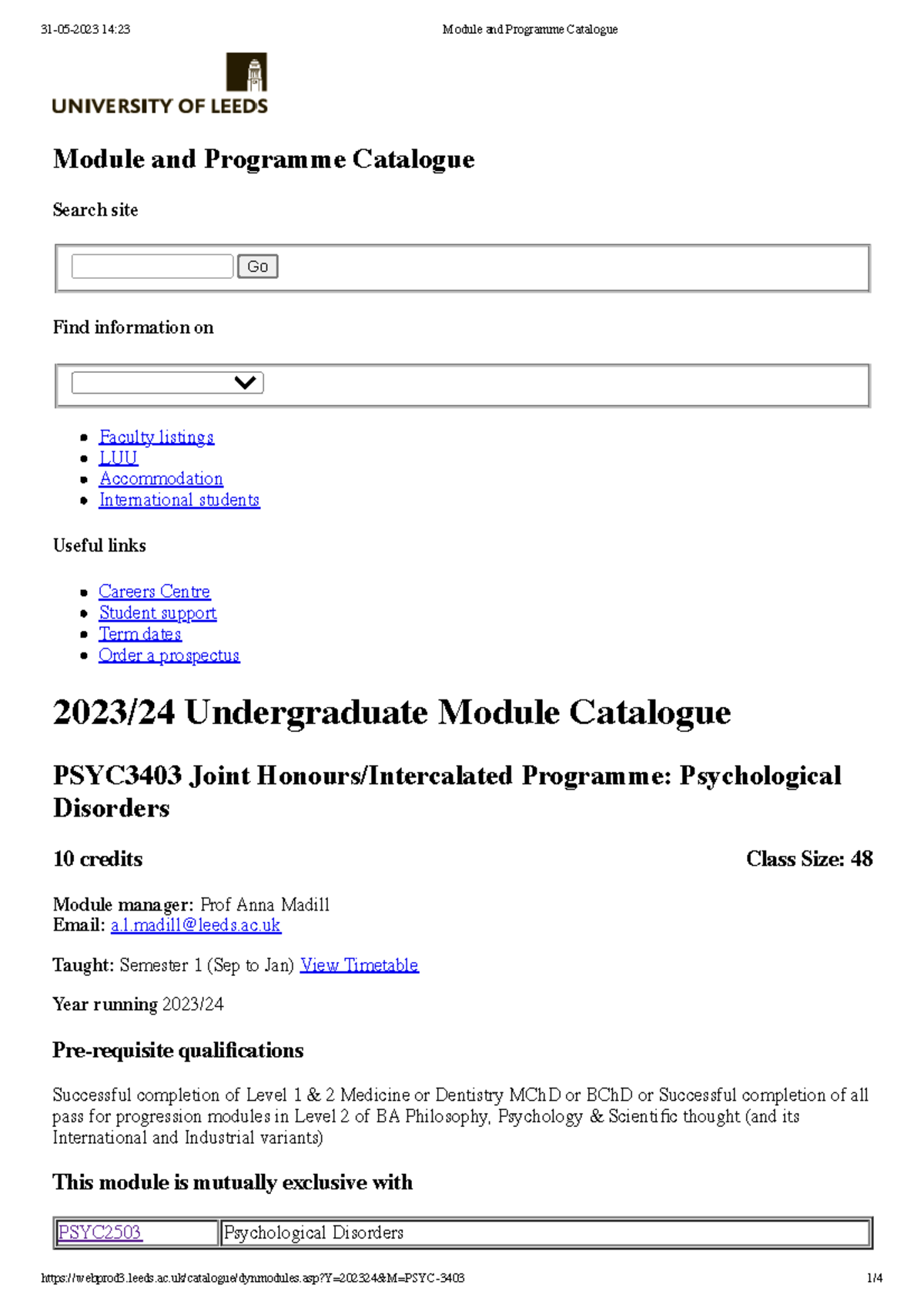 Joint Honours:Intercalated Programme- Psychological Disorders study ...