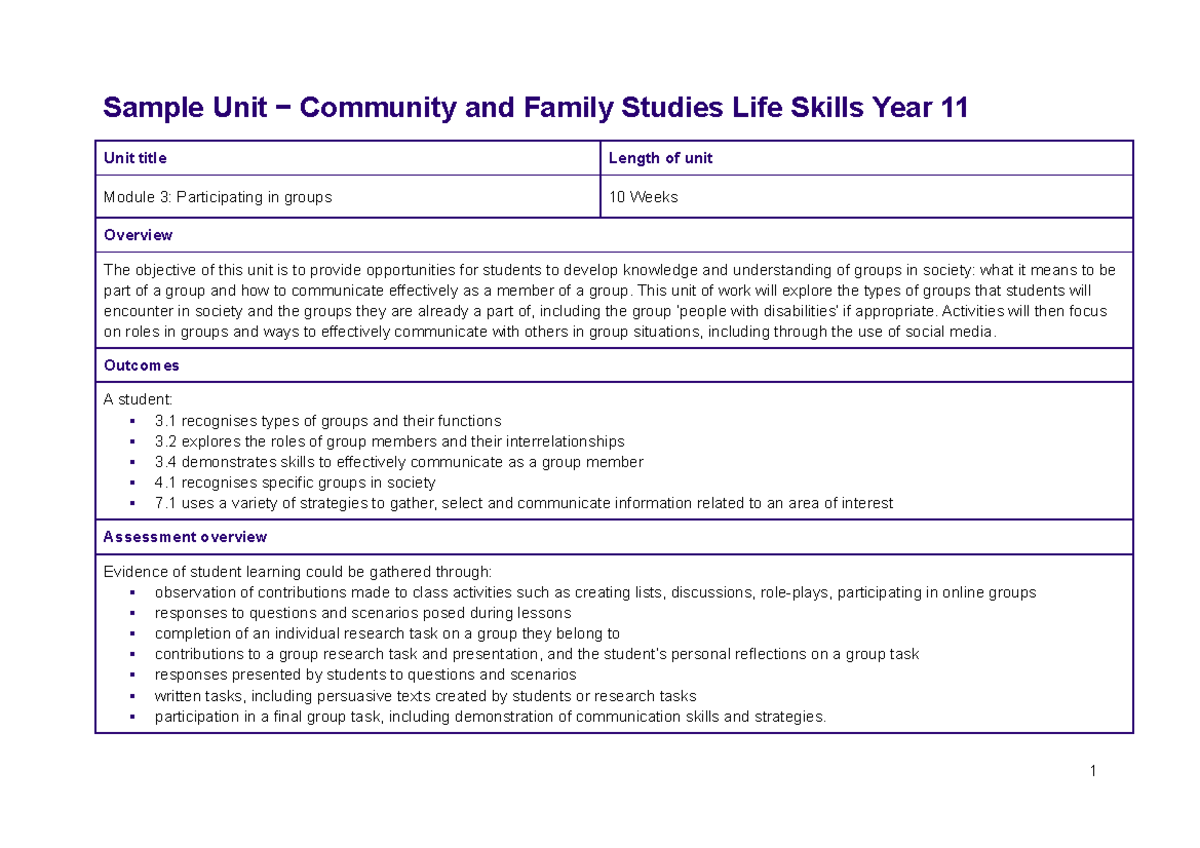 Sample unit cafs stage 6 groups - Sample Unit − Community and Family ...