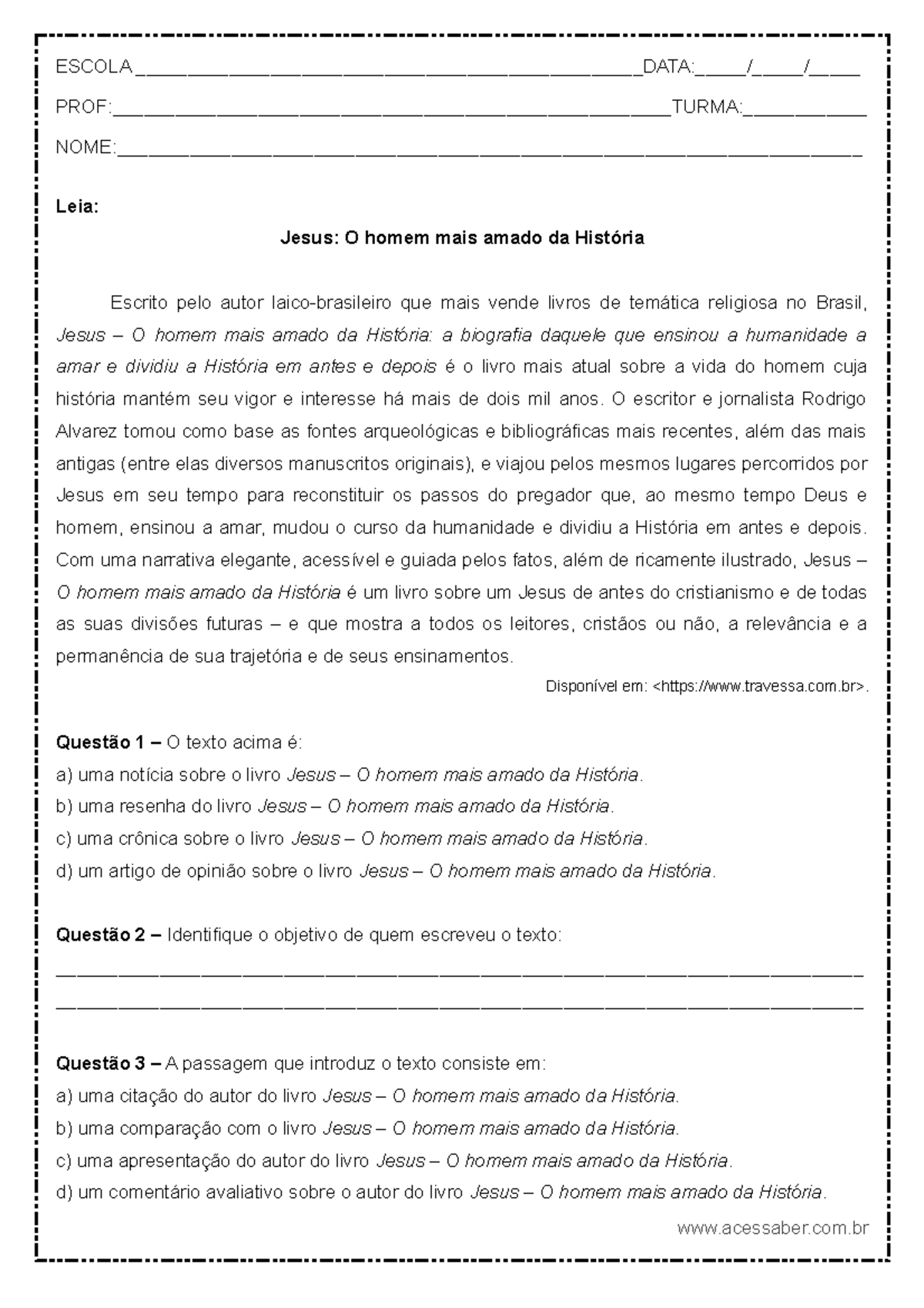 Interpretacao de texto Resenha de livro 8º ano Word - ESCOLA - Studocu