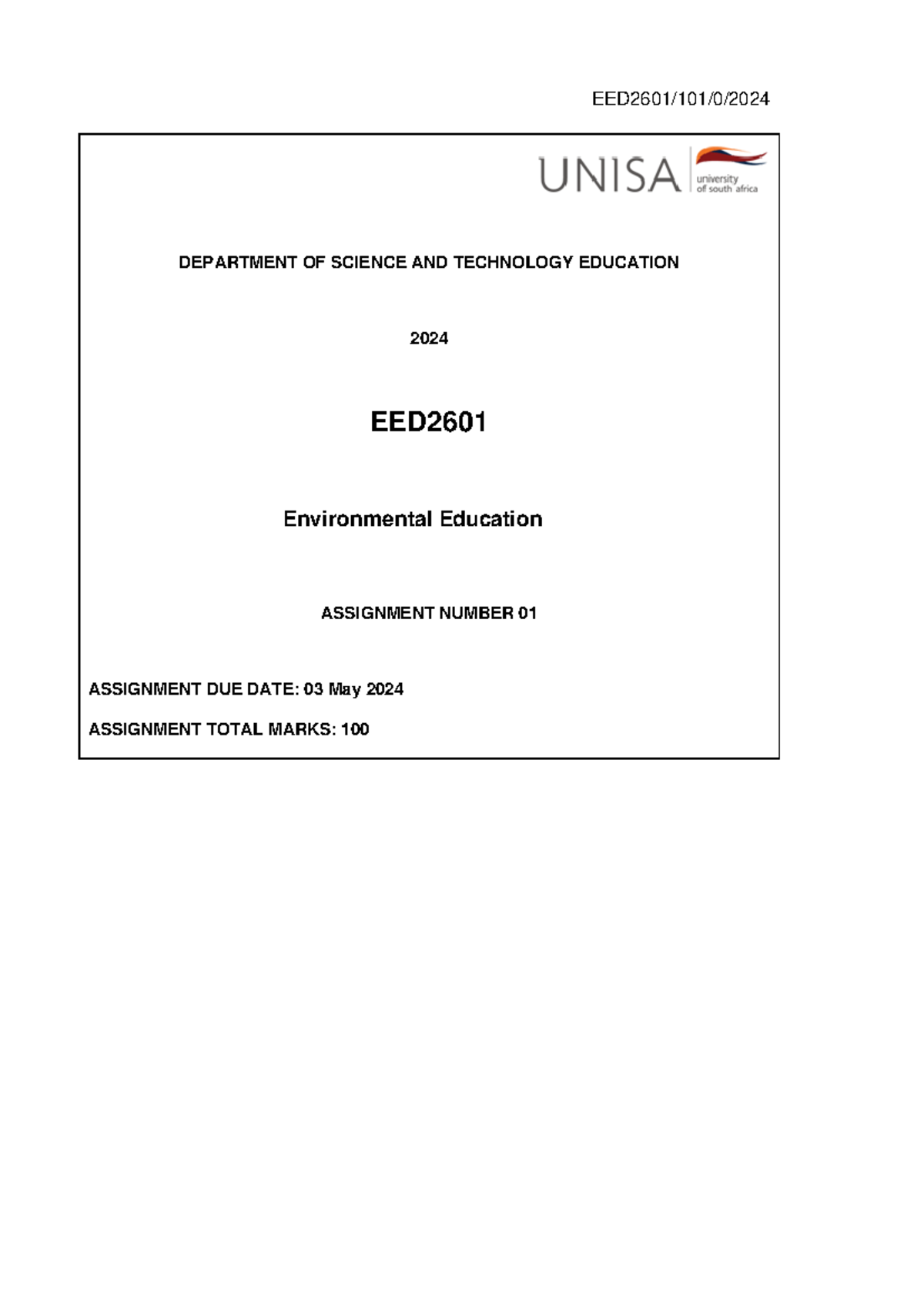 EED2601 Assignment 01 OF TUT Letter 101 2024 - EED2601/101/0 ...