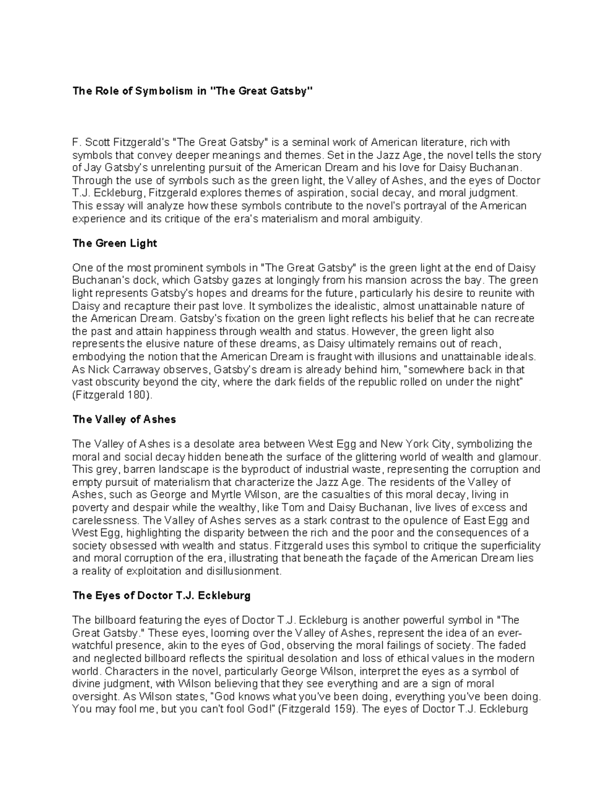 The Role of Symbolism in The Great Gatsby - The Role of Symbolism in ...