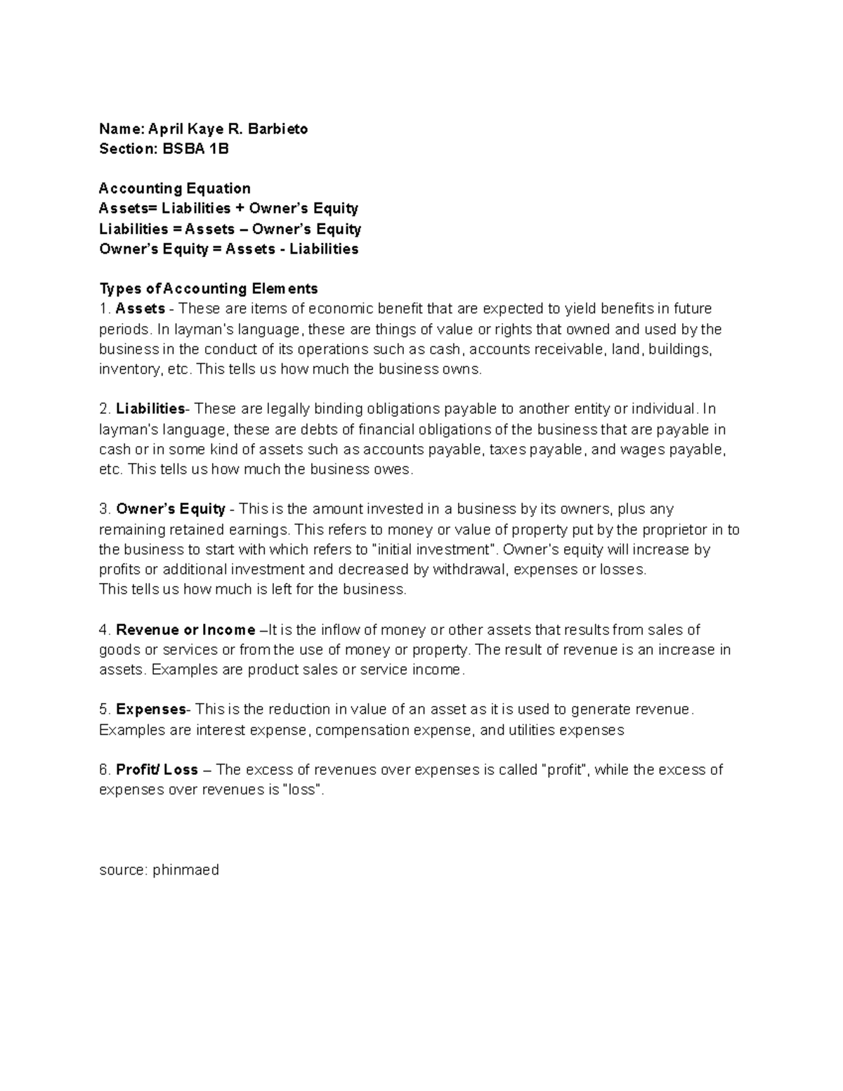 Accounting Equation AND Elements - Name: April Kaye R. Barbieto Section ...
