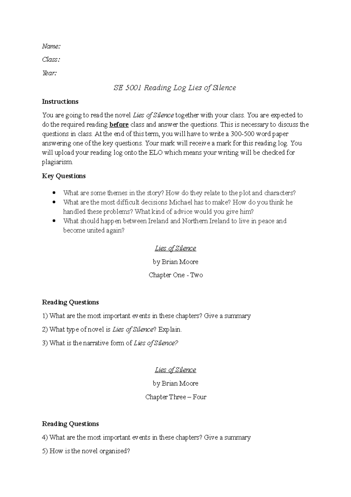 Reading Log Lies of Silence - Name: Class: Year: SE 5001 Reading Log ...